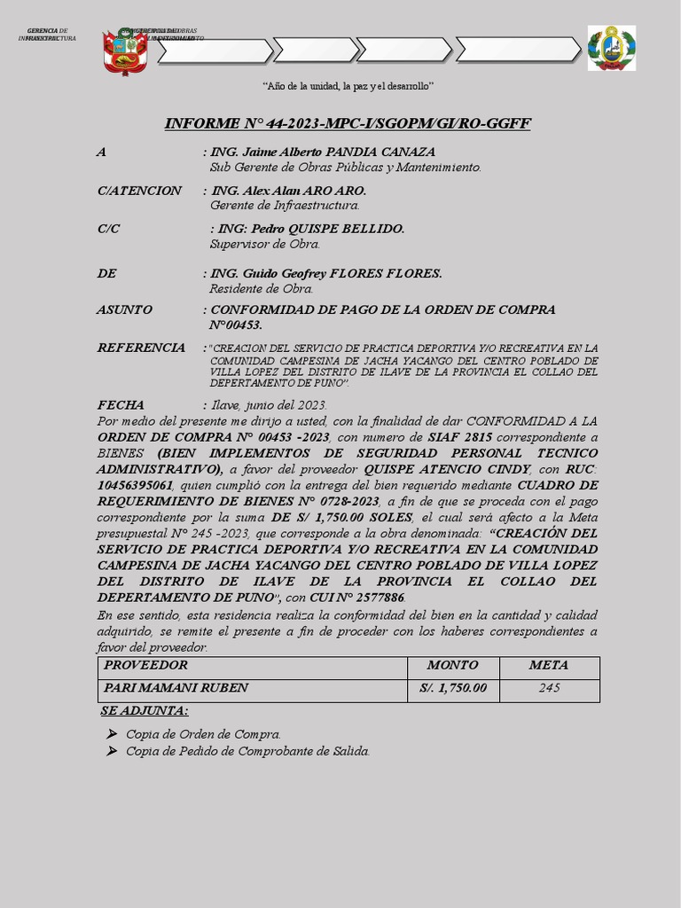 Conformidad de Pago Orden 00453 | PDF