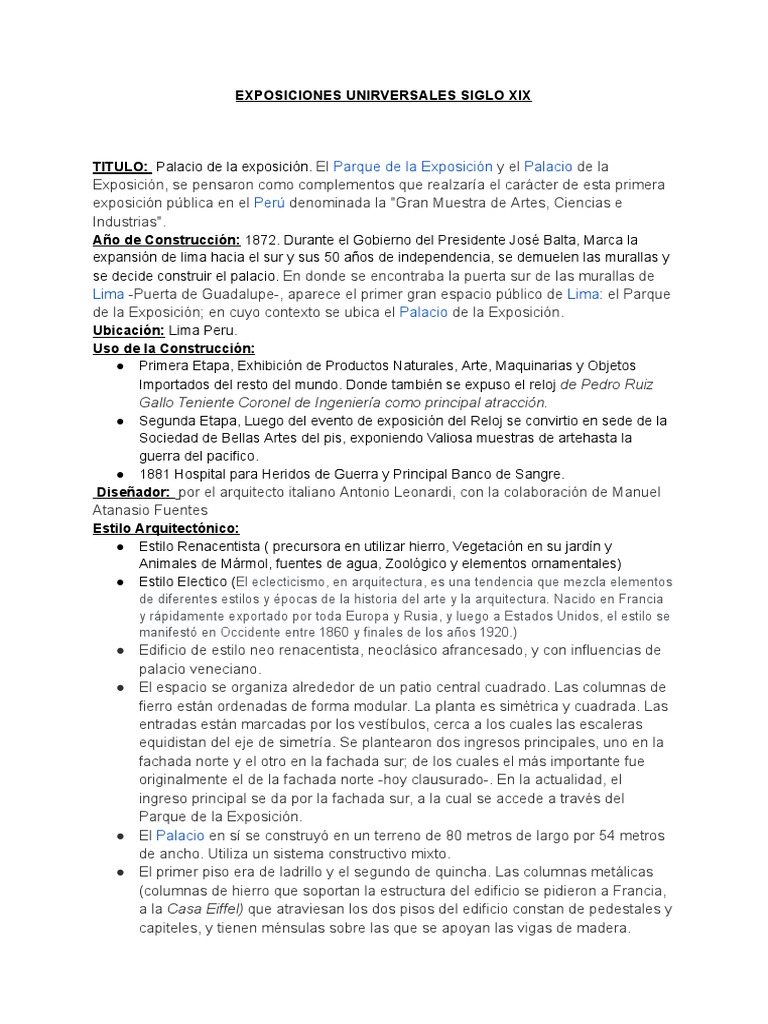 Exposiciones Universales - MUSEO DE Arte Lima Peru 1872 | PDF