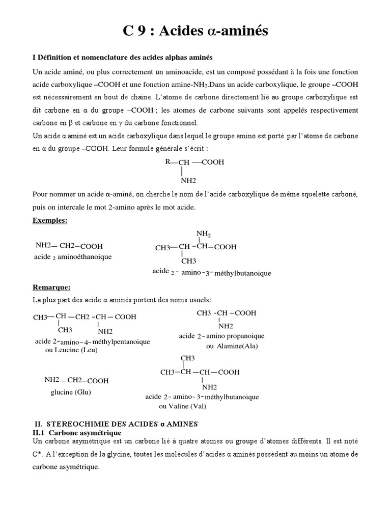 Acides α-aminés : Définitions et Propriétés | PDF | Chiralité (chimie ...