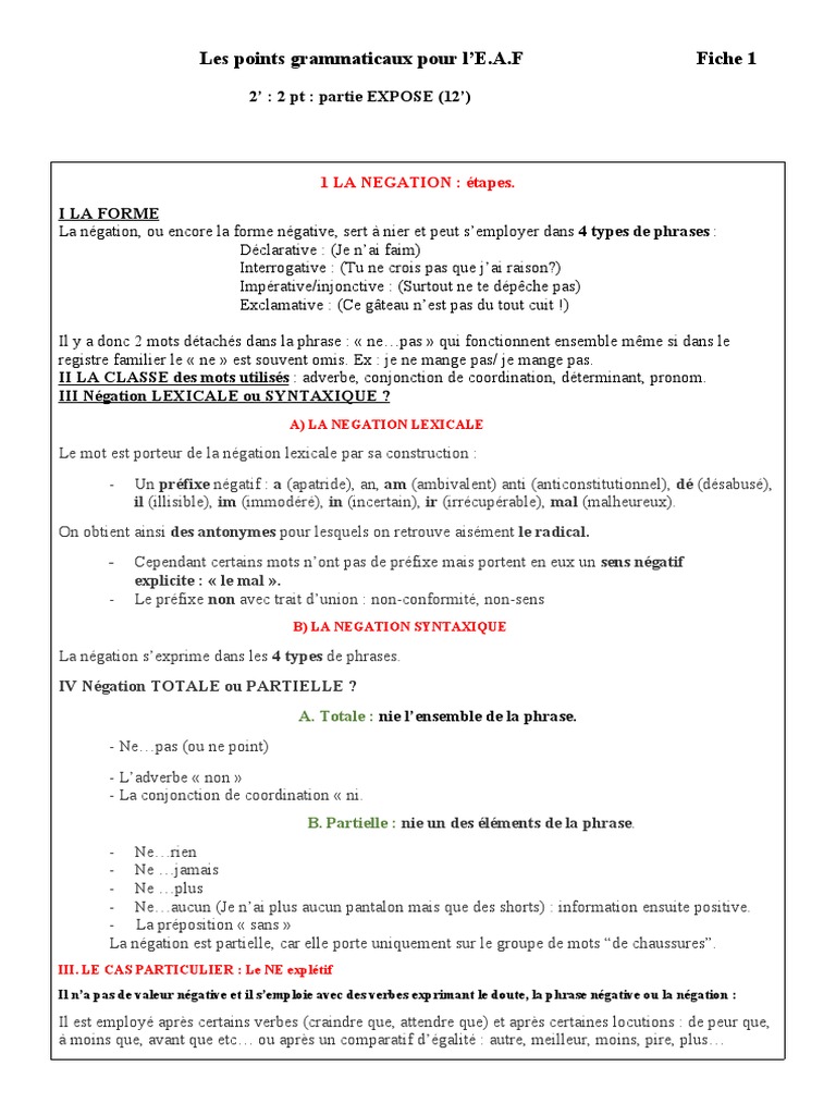 Fiche 1 La Négation EAF | PDF