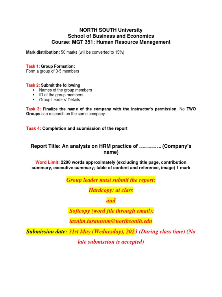 HRM Report Guidelines for MGT 351 | PDF | Human Resource Management ...