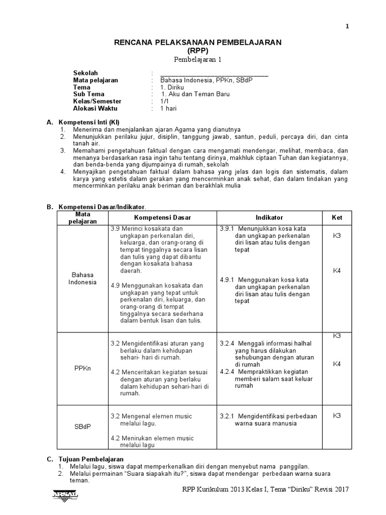 RPP Kelas 1 Tema 1 Diriku | PDF