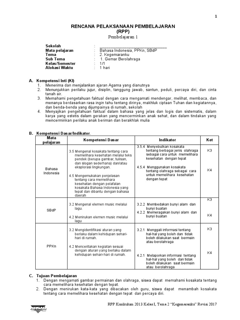RPP Kelas 1 Tema 2 Kegemaranku | PDF