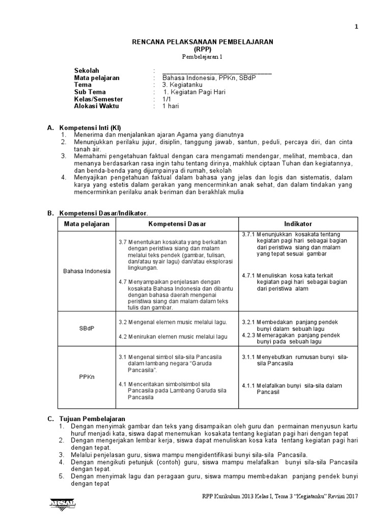 RPP Kelas 1 Tema 3 Kegiatanku | PDF