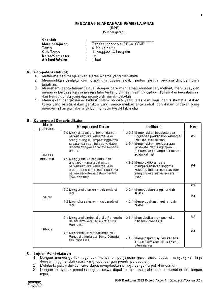 RPP Kelas 1 Tema 4 Keluargaku | PDF