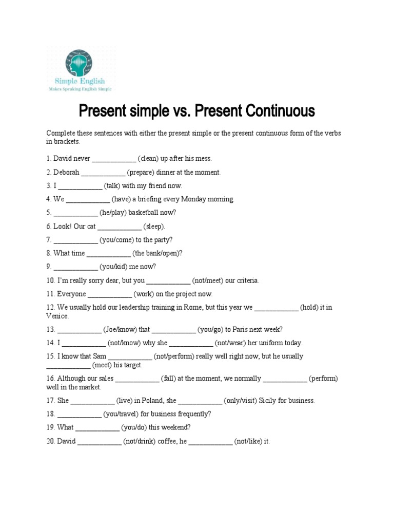 Present Simple vs. Continuous Exercises | PDF