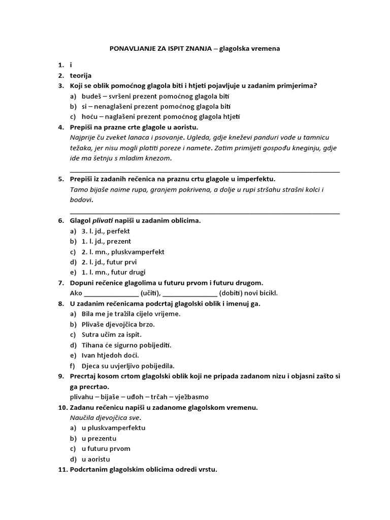 Ponavljanje Za Ispit Znanja - Glagolska Vremena | PDF