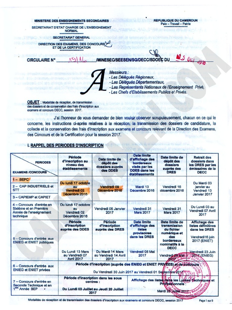 Circulaire Minesec DECC Examens 2017 | PDF