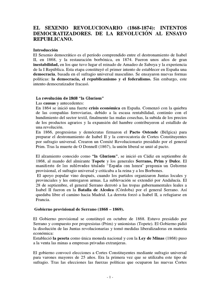 El Sexenio Revolucionario (1868-1874) | PDF | España | Política de españa