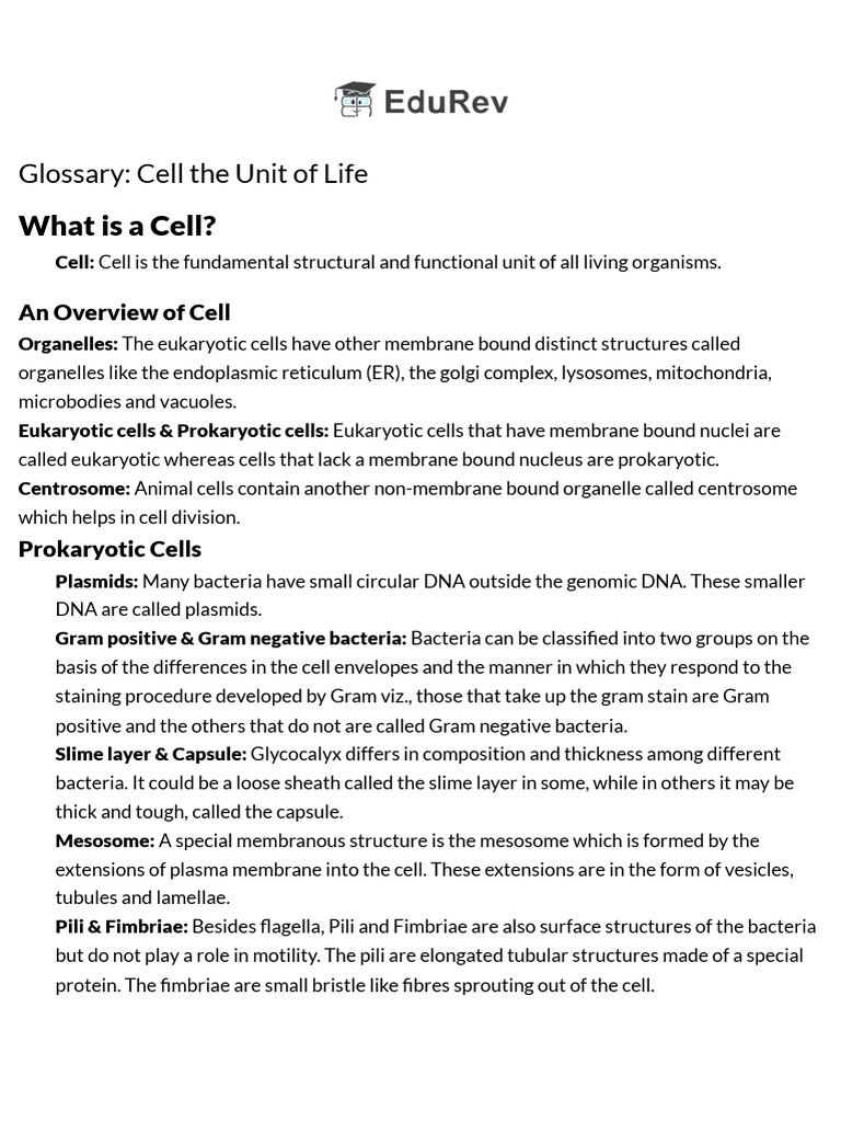 Glossary - Cell The Unit of Life - Biology Class 11 - NEET | PDF | Cell ...