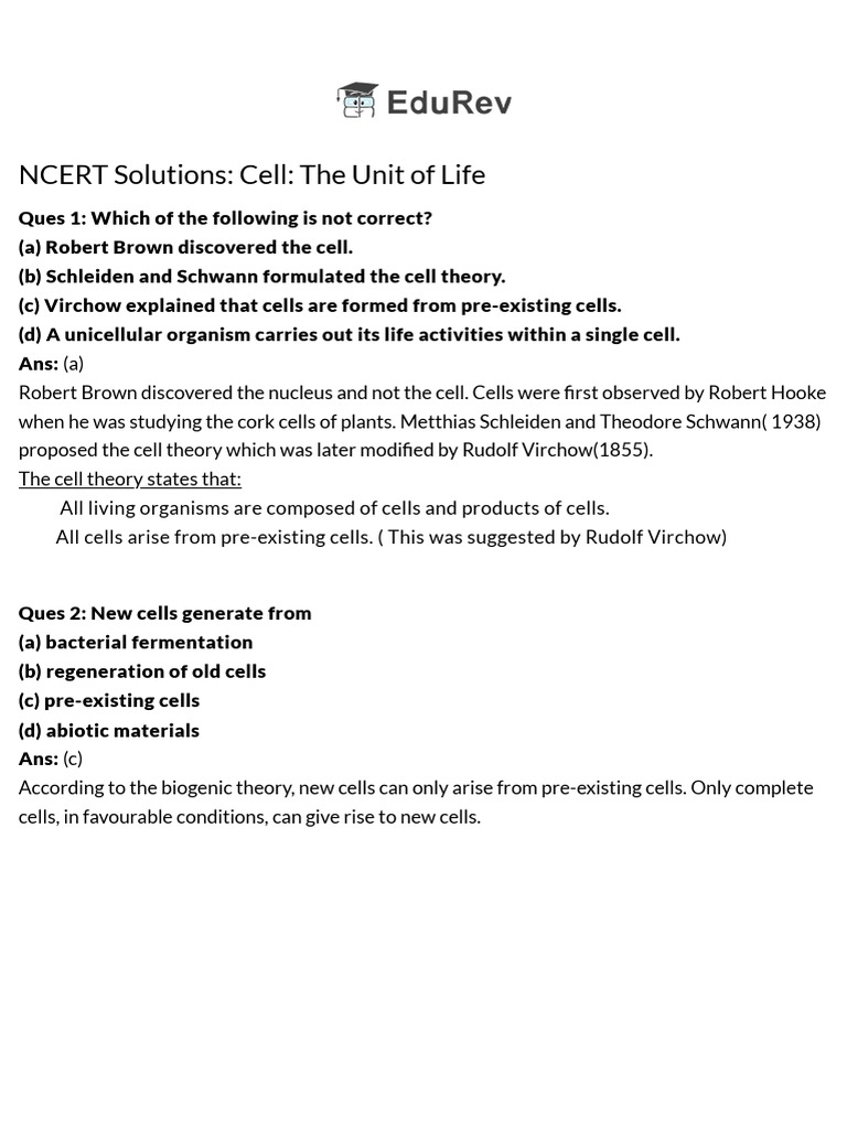 Cell - The Unit of Life NCERT Solutions - Biology Class 11 - NEET | PDF Cell - The Unit of Life NCERT Solutions - Biology Class 11 - NEET | PDF