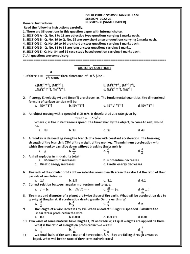 XI Physics Set 2 Sample Paper | PDF