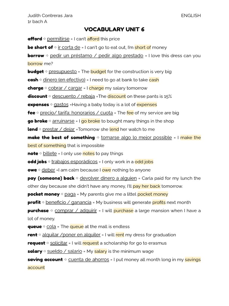 Vocabulary Unit 6 | PDF