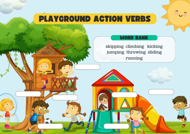 Colorful Illustrated English Action Verb Vocabulary Labeling Activity ...