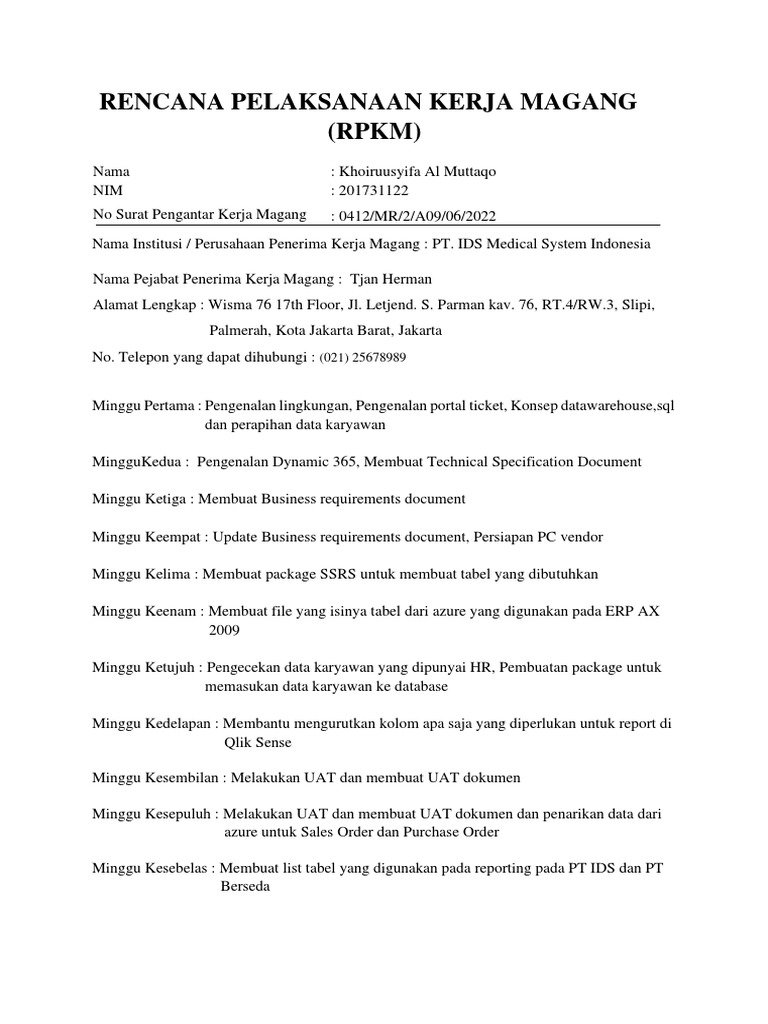 Rencana Pelaksanaan Kerja Magang | PDF