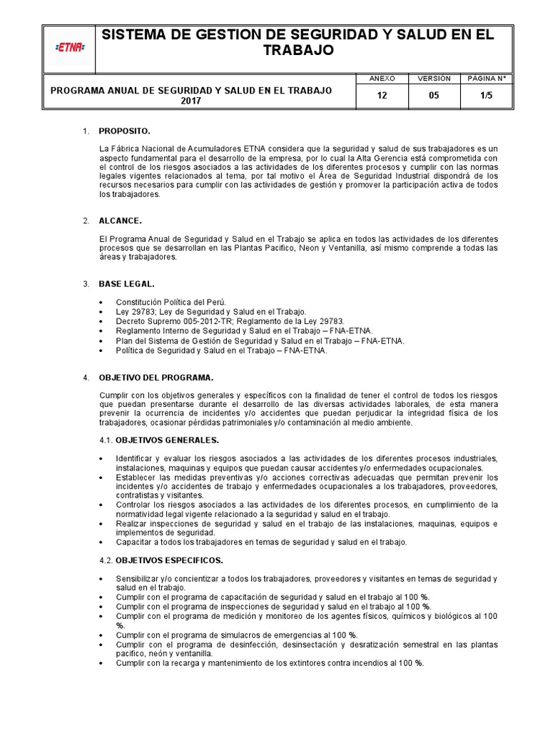 Anexo 12 - Programa Anual de Seguridad y Salud en El Trabajo 2016 | PDF