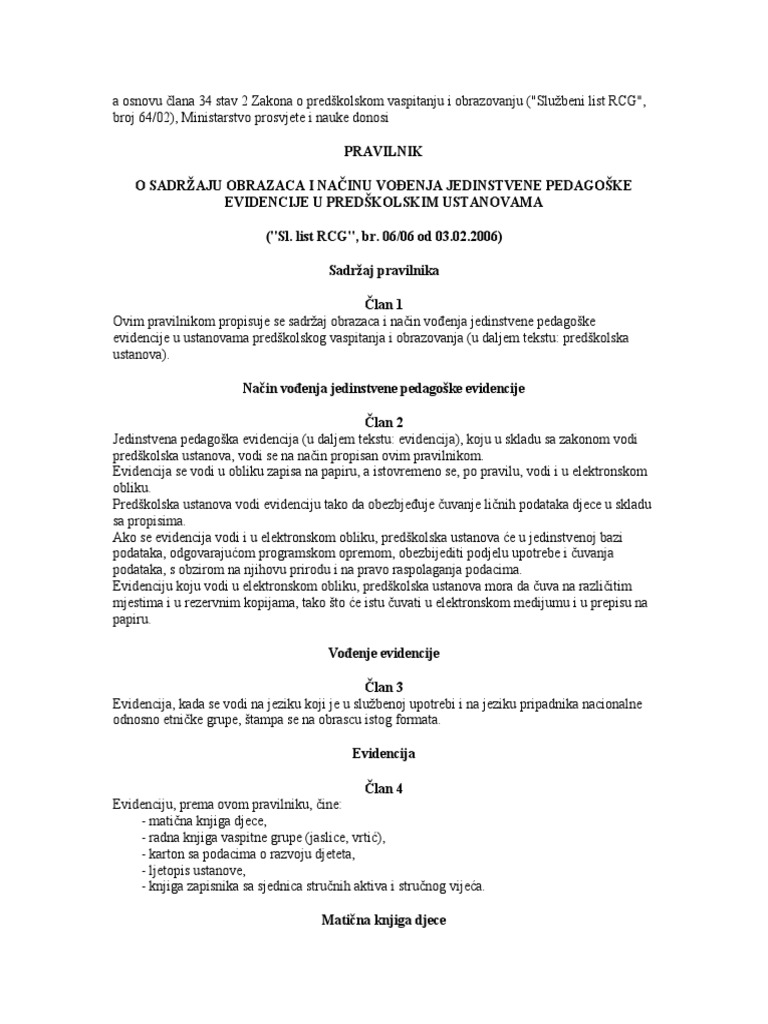 Pravilnik o Obrascima Za Predskolske Ustanove | PDF