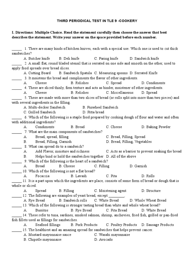 3rd Quarterly Exam Cookery 9 | PDF