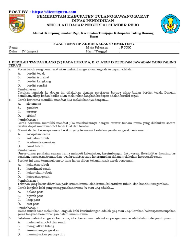 Soal PJOK Sumatif Kelas 4 Semester 2 Genap | PDF
