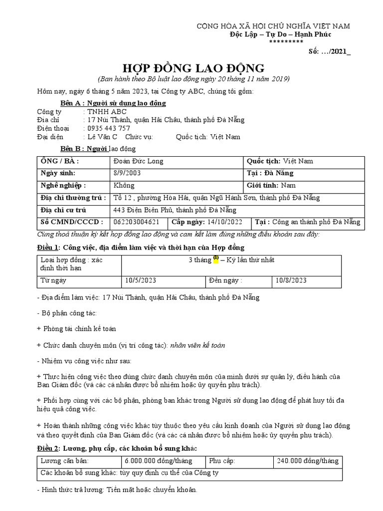 Hop Dong Lao Dong | PDF