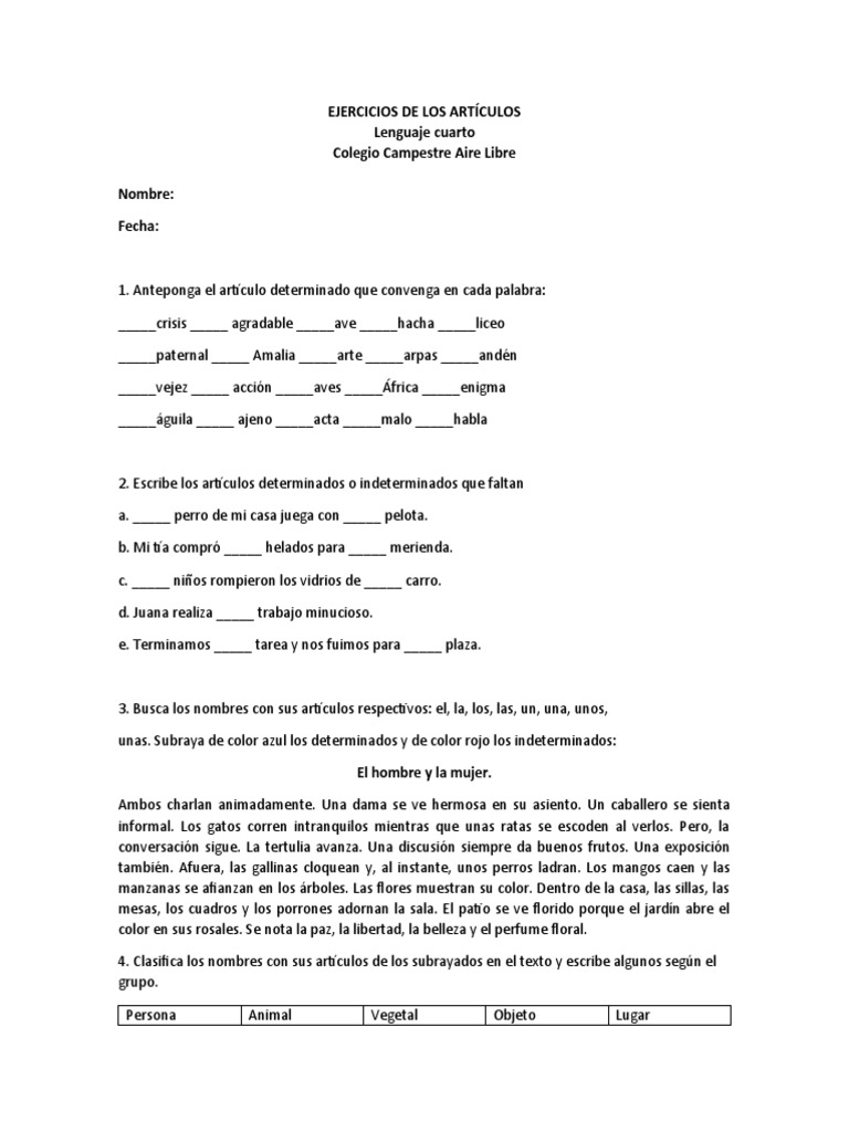 Ejercicios de Los Artículos | PDF