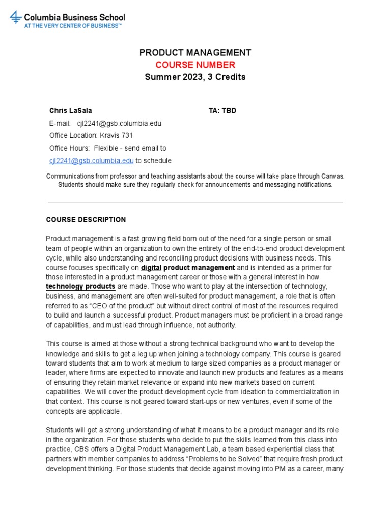 Product Management Syllabus - SUMMER 2023 | PDF