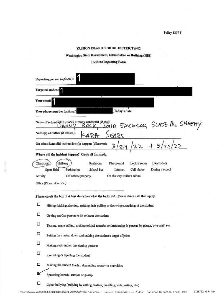 Request - Redacted Harassment Bullying Copy VISD | PDF