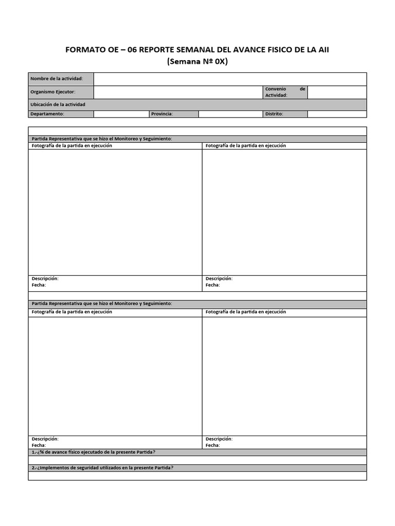 Formato OE-06 (REPORTE SEMANAL DE AVANCE FÍSICO DE LA AII) | PDF