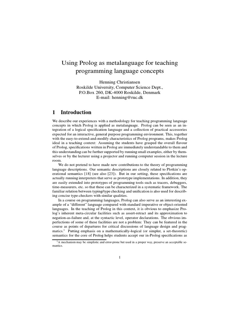Using Prolog As Metalanguage For Teaching Programming Language Concepts Roskilde University 