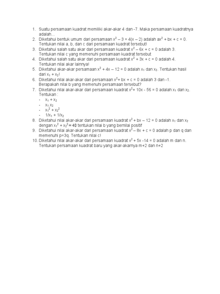Latihan Soal Persamaan Kuadrat | PDF
