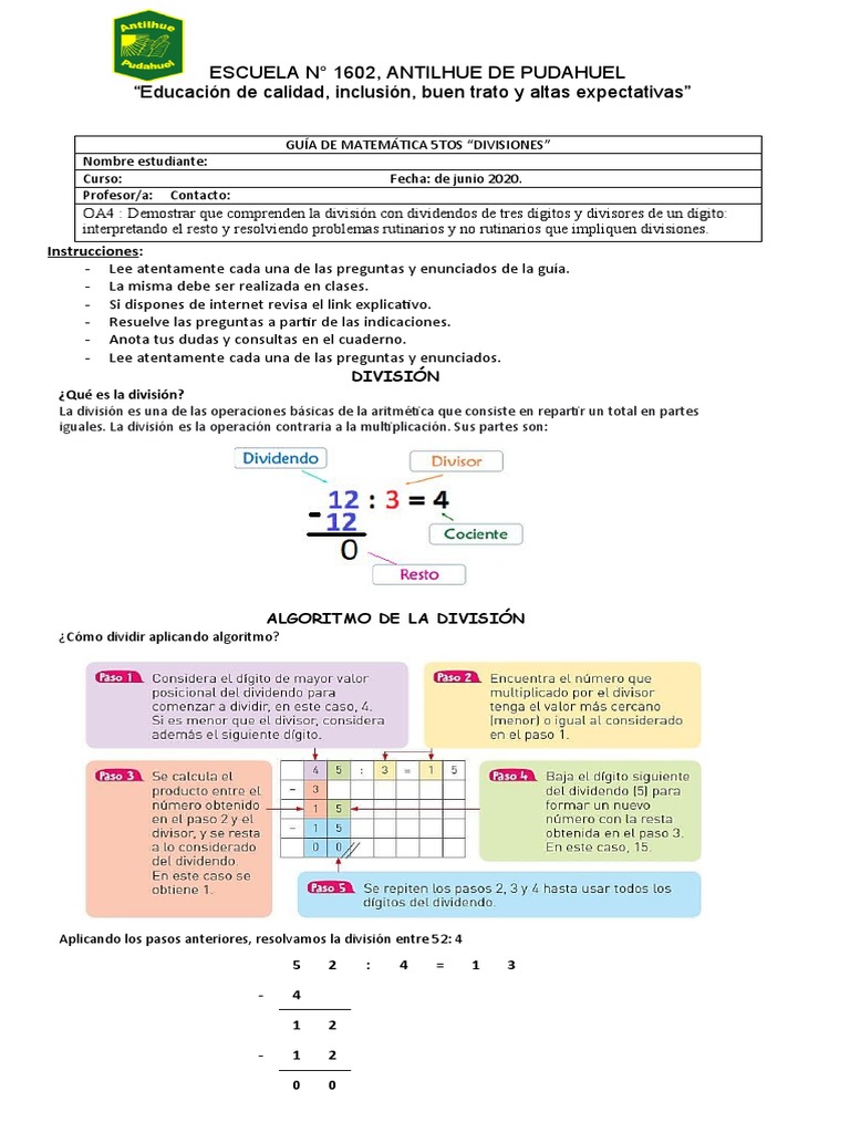 Guía de Divisiones para 5° Básico | PDF | División (Matemáticas ...