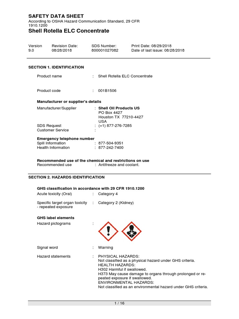 Shell Rotella ELC Concentrate SDS | PDF | Dangerous Goods | Workplace