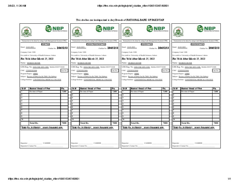 This Challan Can Be Deposited in Any Branch of NATIONAL BANK OF ...