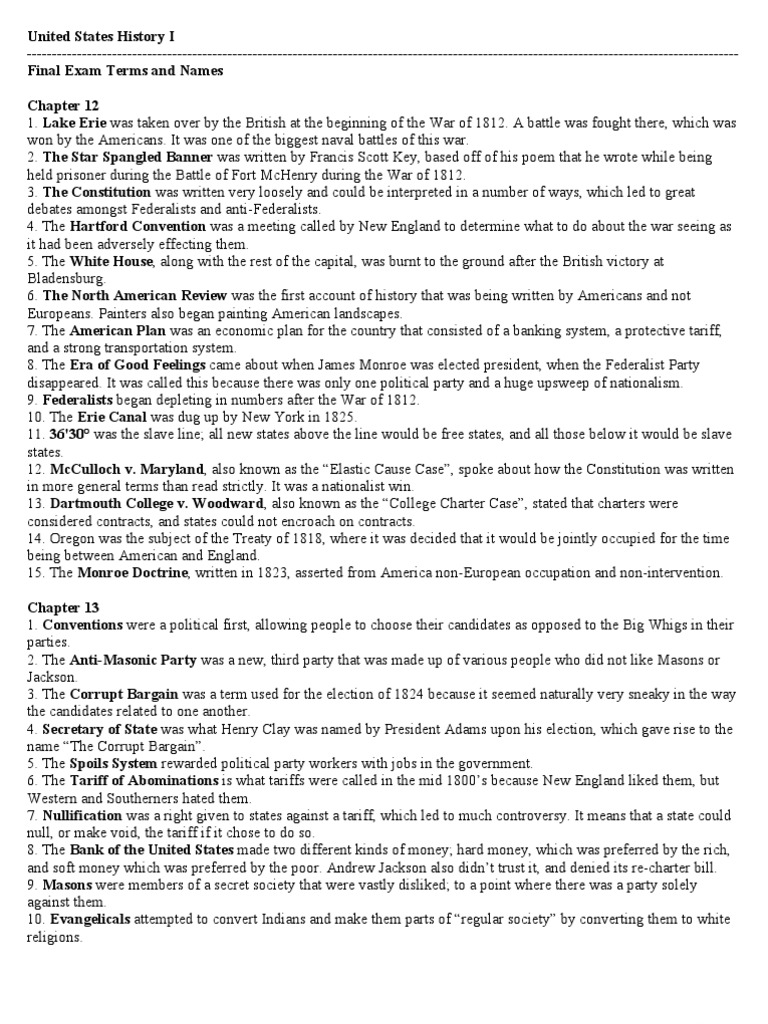 United States History I - Final Exam Terms and Names | PDF ...