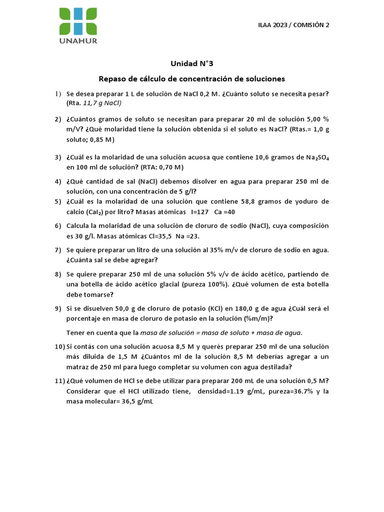 Ejercicios Repaso de Concentración de Soluciones | PDF