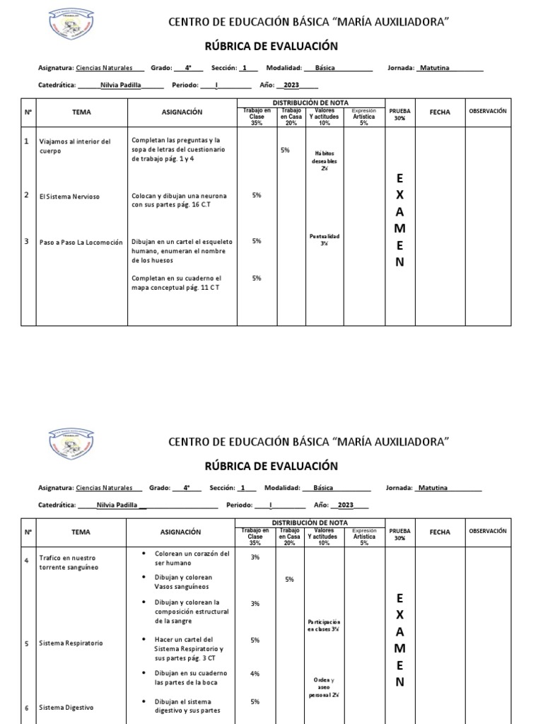 Rubrica de Ciencias Naturales I Parcial | PDF