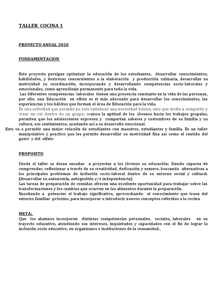 Proyecto Anual - Taller Cocina 2020 | PDF