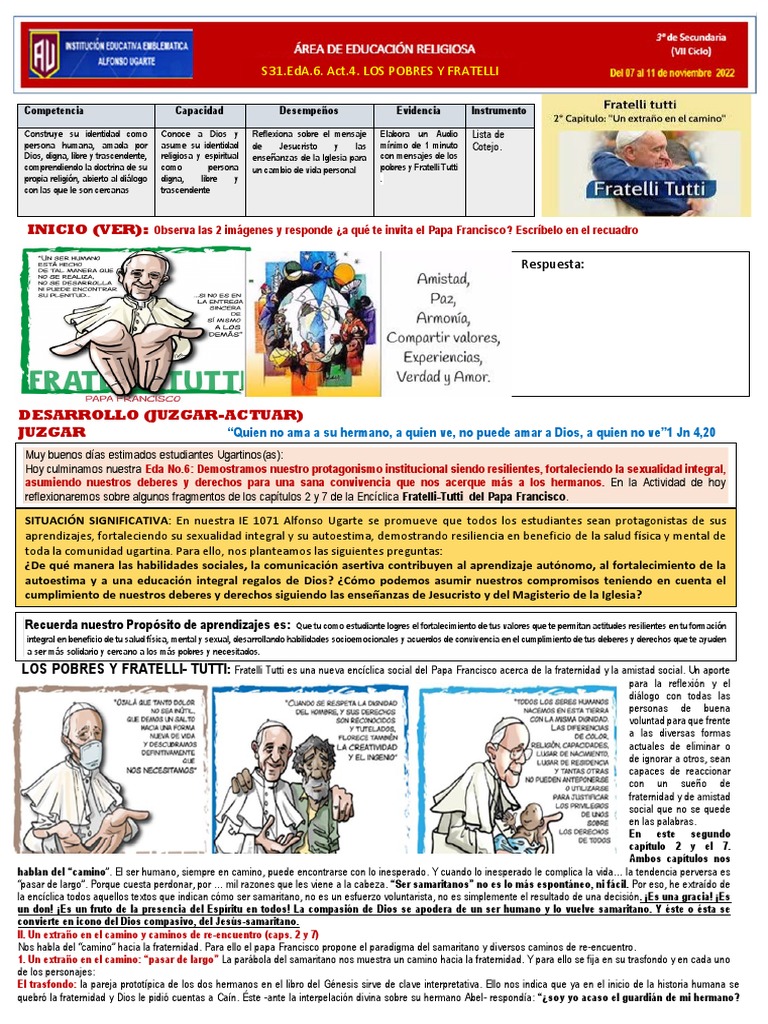S31. EdA.6. Act4. Los Pobres y Fratelli Tutti - 3° Grado | PDF