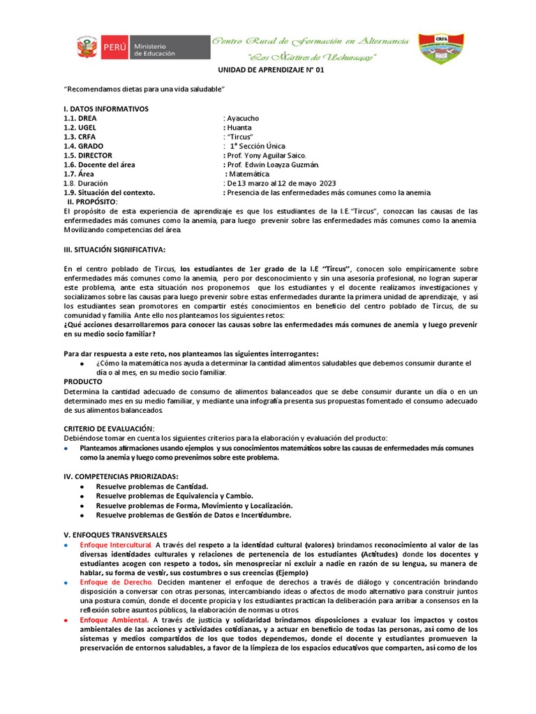 1ra Unidad de Aprendizaje 1er grado | PDF