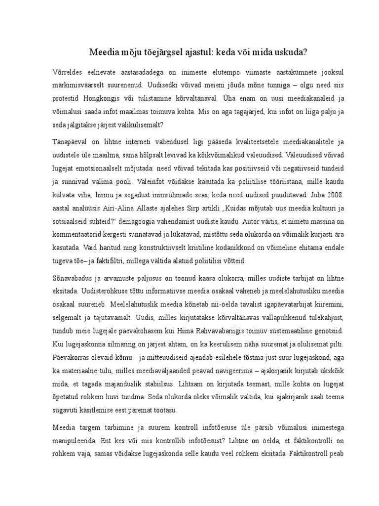 Meedia Mõju Tõejärgsel Ajastul: Keda Või Mida Uskuda? | PDF