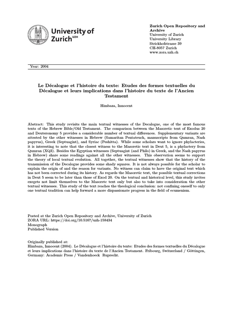 Himbaza 2004 Le Decalogue Et L Histoire Du Texte | PDF | Septuagint ...
