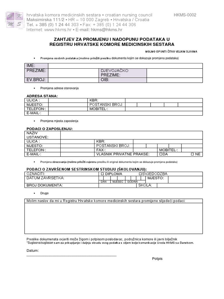 Zahtjev Za Promjenu i Nadopunu Podataka Hkms | PDF
