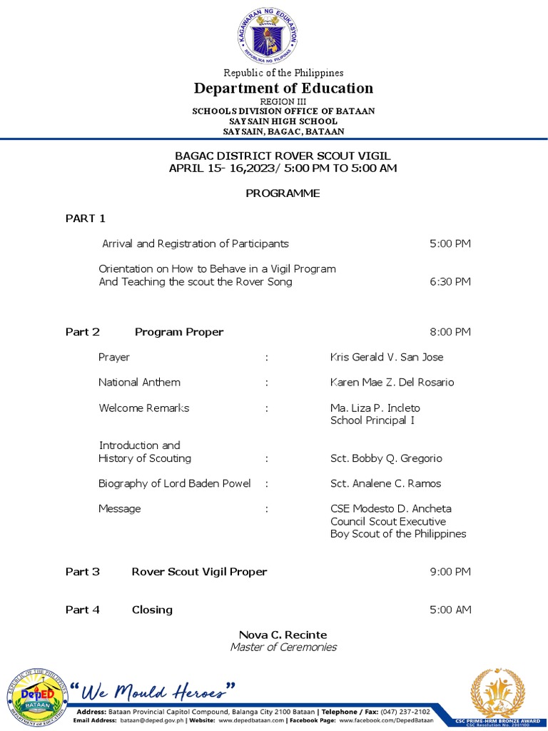 Bataan Rover Scout Vigil Program 2023 | PDF