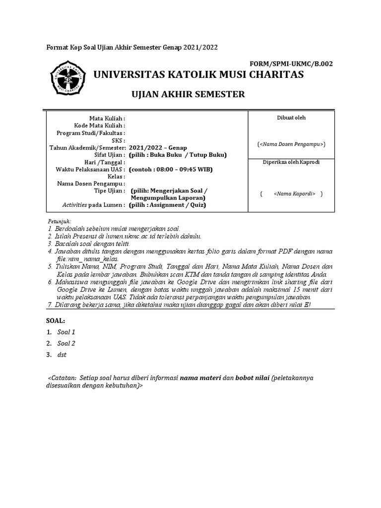 Format Kop Soal Ujian Akhir Semester Genap 2021-2022 | PDF