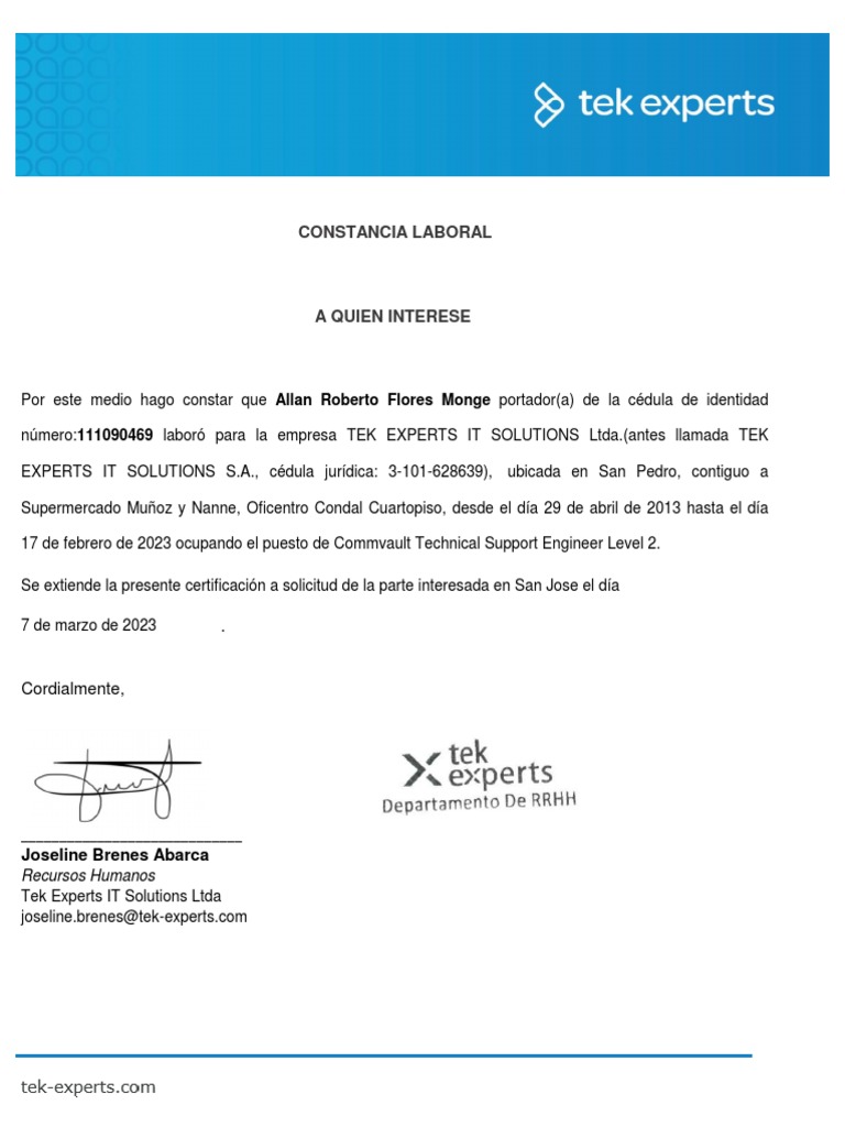 Constancia Laboral de Allan Flores Monge | PDF