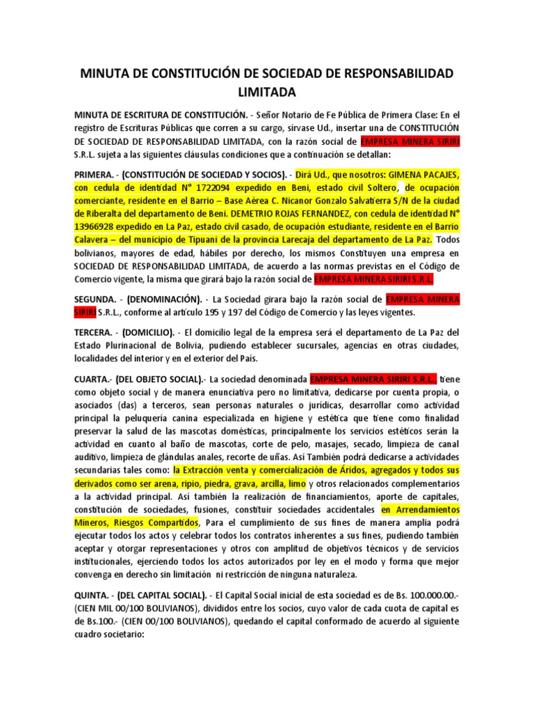 Minuta de Constitución de Sociedad de Responsabilidad Limitada | PDF | Sociedad de ...