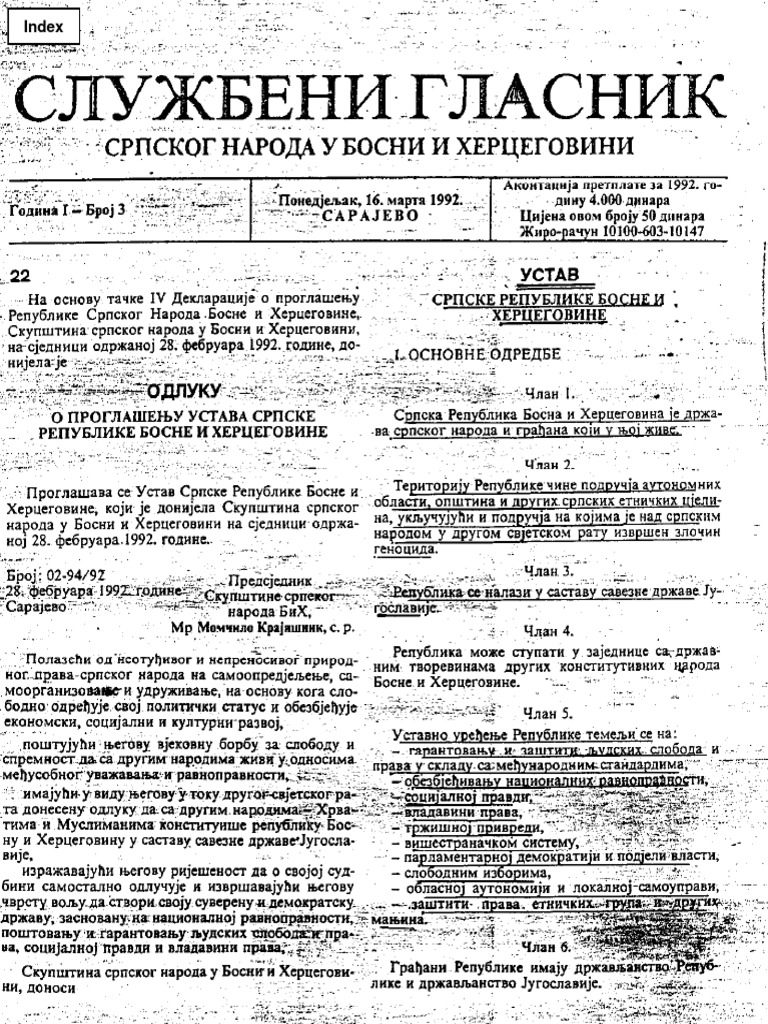 Ustav Srpske Republike Bosne I Hercegovine, 1992 | PDF