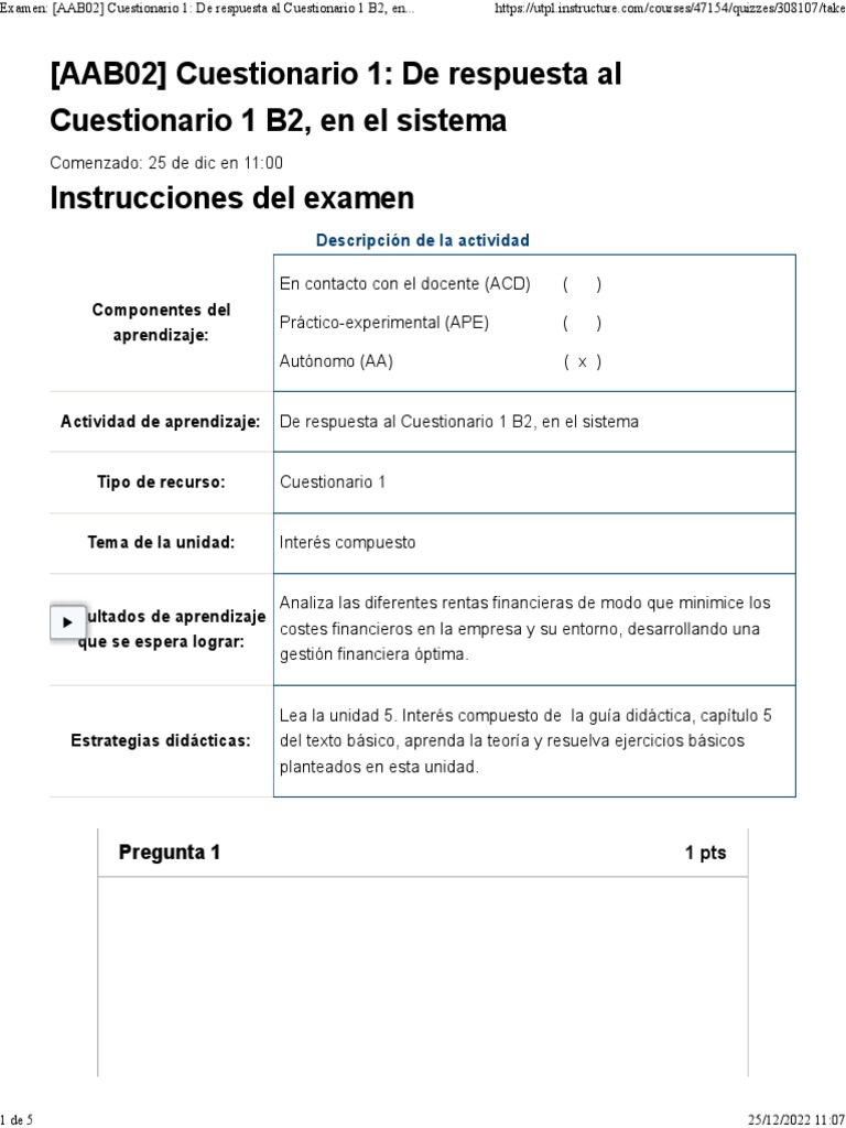 Examen (AAB02) Cuestionario 1 de Respuesta Al Cuestionario 1 B2, en El Sistema | PDF ...