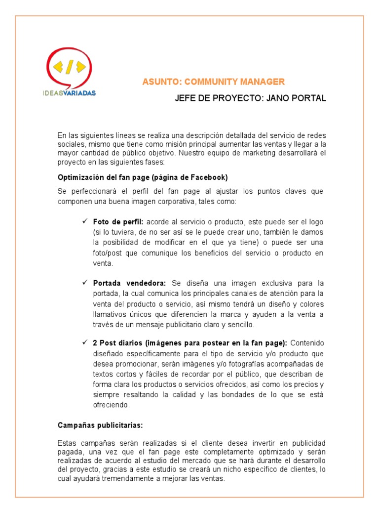 Cotización Community Manager | Descargar gratis PDF | Publicidad | Marca Cotización Community Manager | Descargar gratis PDF | Publicidad | Marca