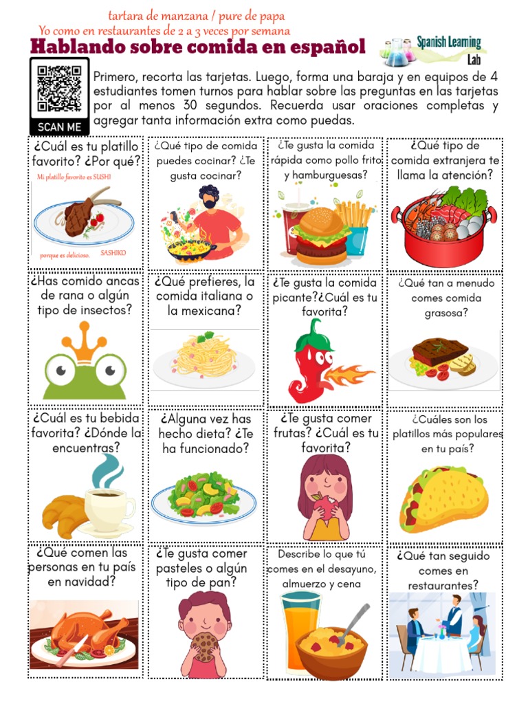 Food in Spanish Conversation Cards PDF Worksheet Hablando de La Comida ...